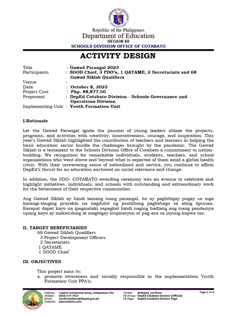Gawad Parangal 2023 Activity Design | PDF | Business | Social Science