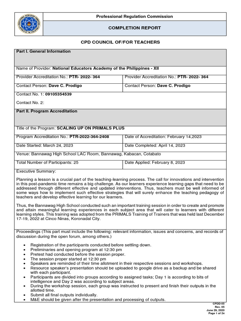 Bannawag-Hs CPD Completion-Report | PDF | Learning Styles | Teachers