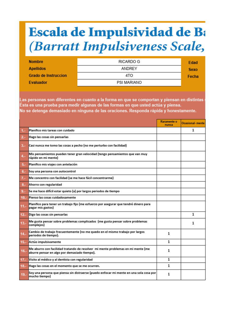 Escala de Impulsividad de Barrat Excel | PDF