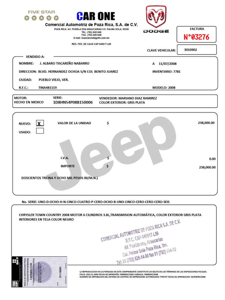 Factura Original Chrysler Poza Rica | PDF