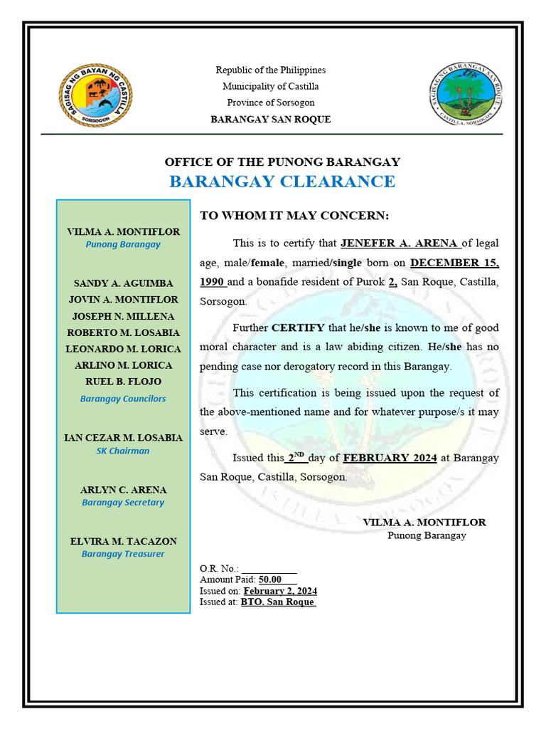 Barangay Clearance 2024 | PDF