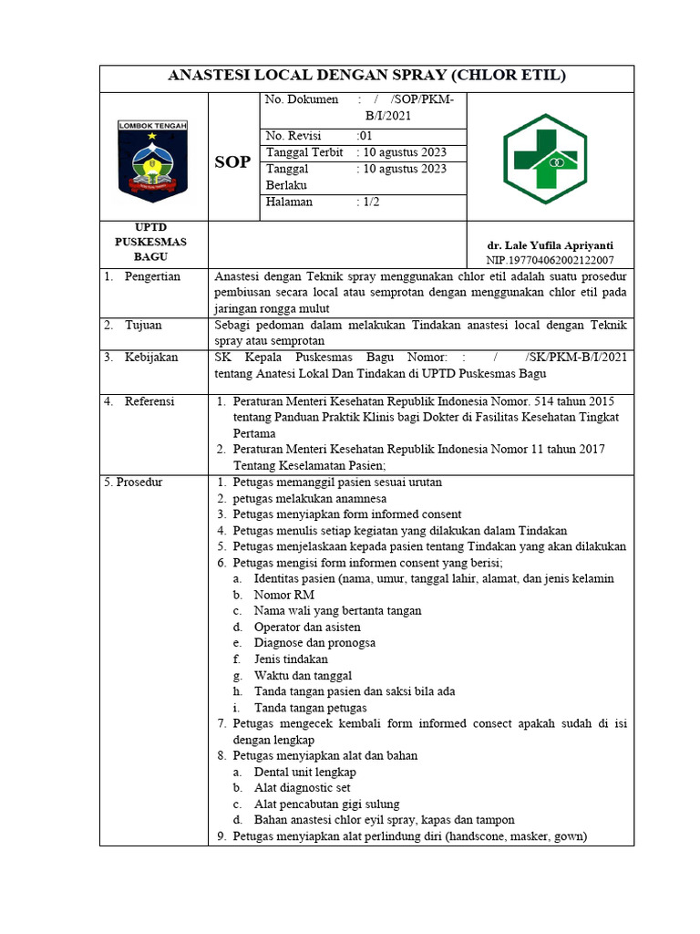 Prosedur Anastesi Lokal Spray Chlor Etil | PDF