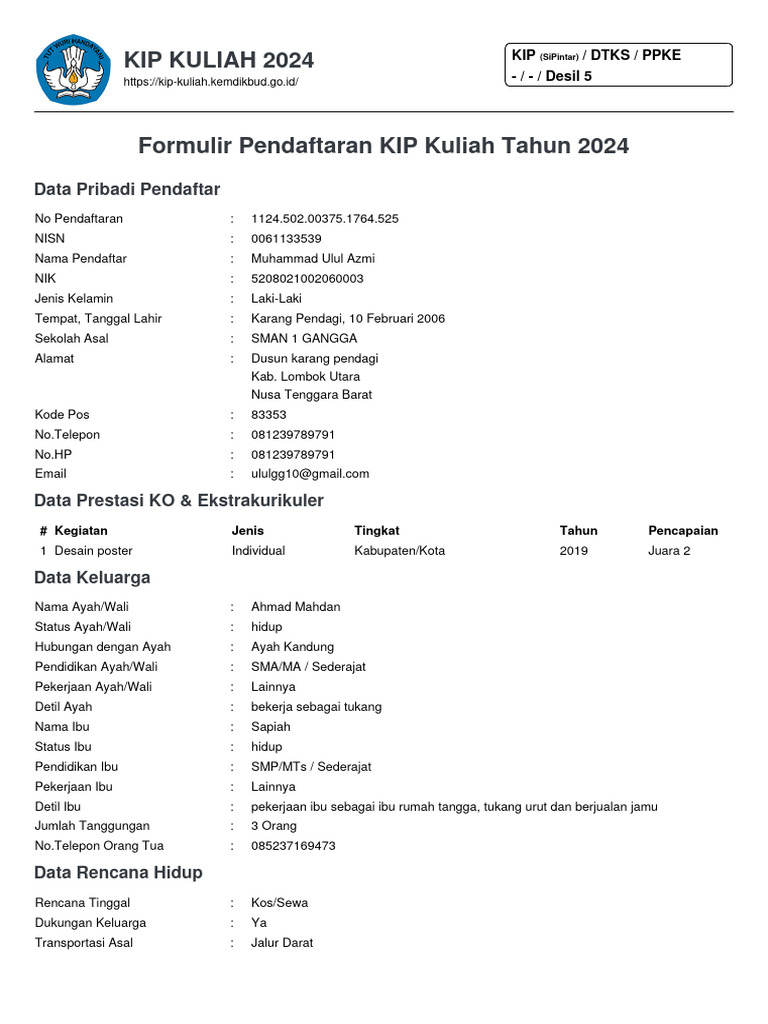 Formulir Peserta KIP Kuliah 2024 | PDF