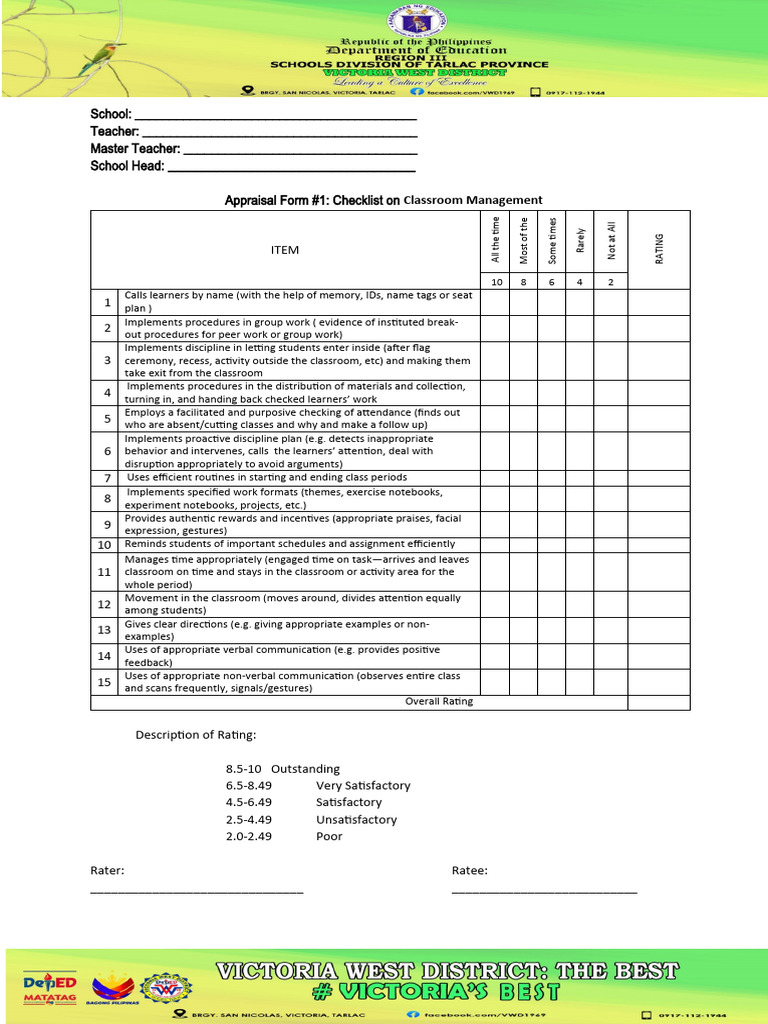 Classroom Management Appraisal Checklist | PDF | Learning | Behavior ...