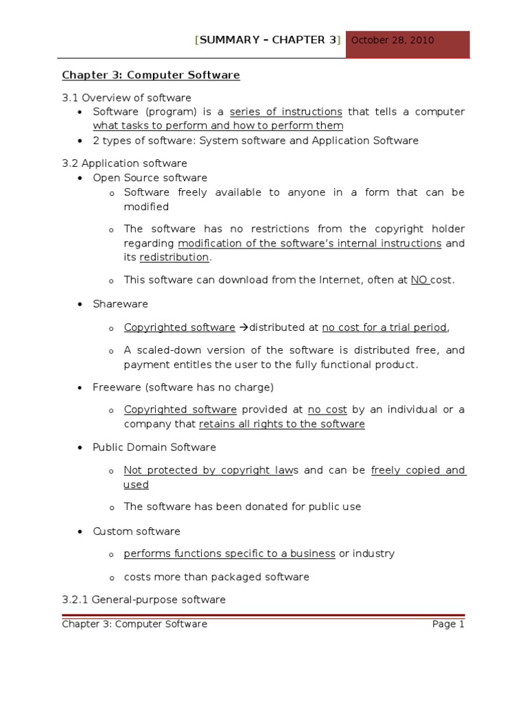 Summary - Chapter 3 Chapter 3: Computer Software: October 28, 2010 | PDF | Operating System ...