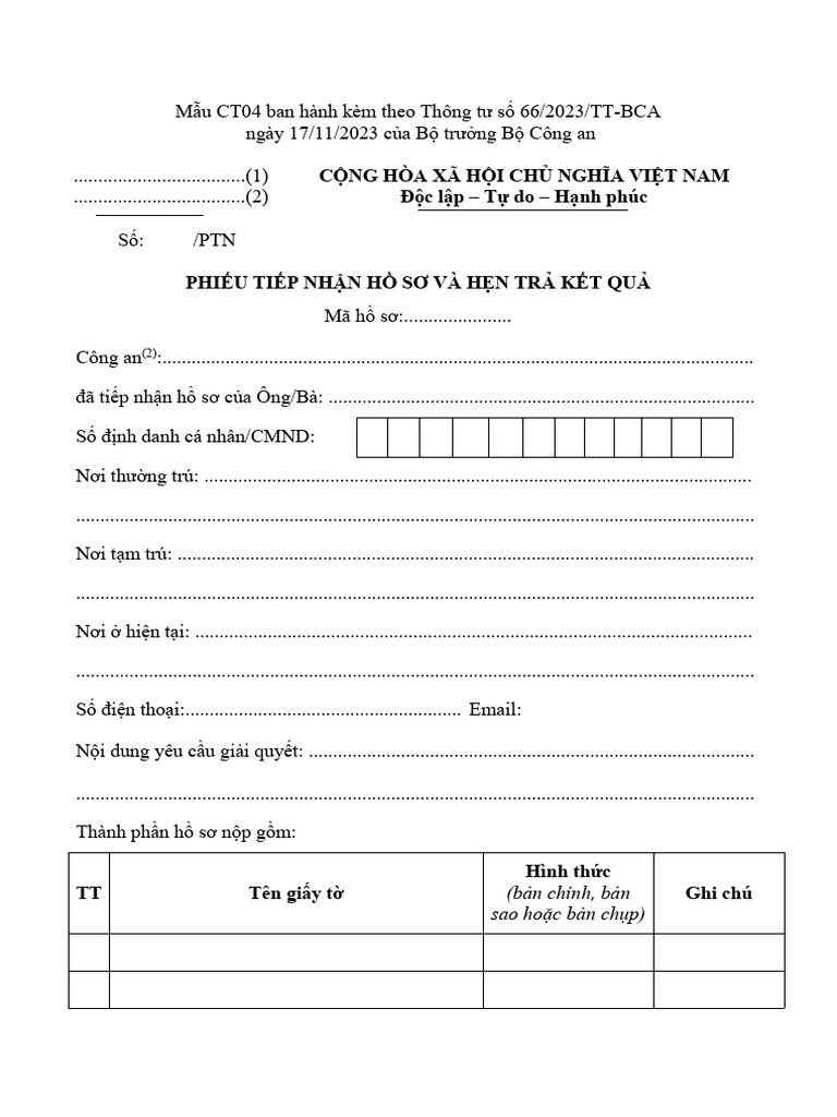 Phiếu Tiếp Nhận Hồ Sơ Và Hẹn Trả Kết Quả CT04 | PDF