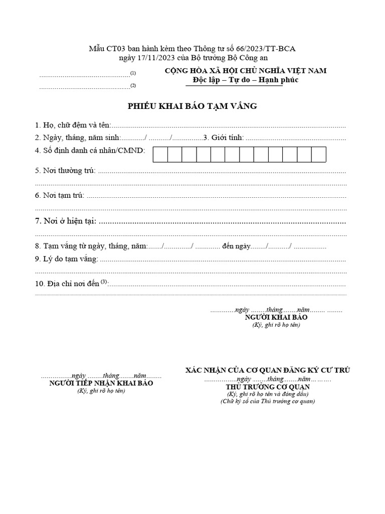 Phiếu Khai Báo Tạm Vắng Mẫu CT03 | PDF