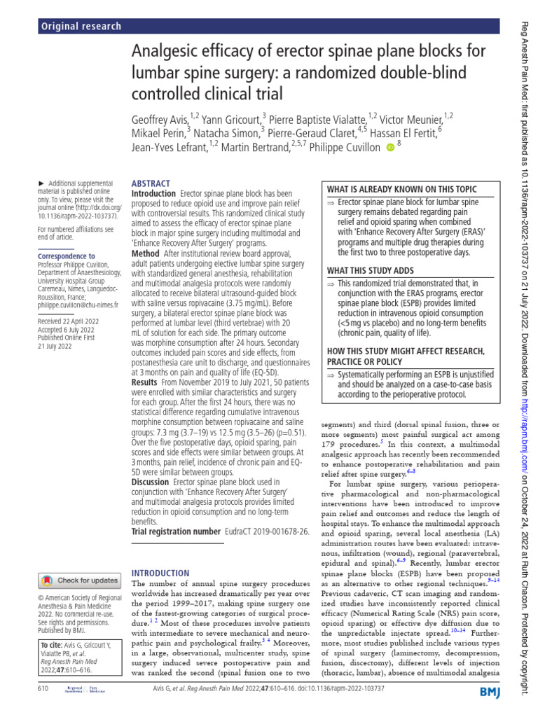 Analgesic Efficacy of Erector Spinae Plane Blocks | PDF | Surgery ...
