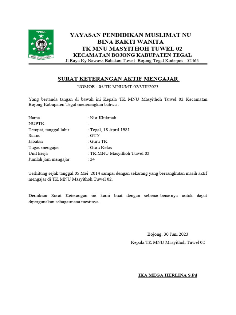 Surat Keterangan Aktif Mengajar Paud | PDF