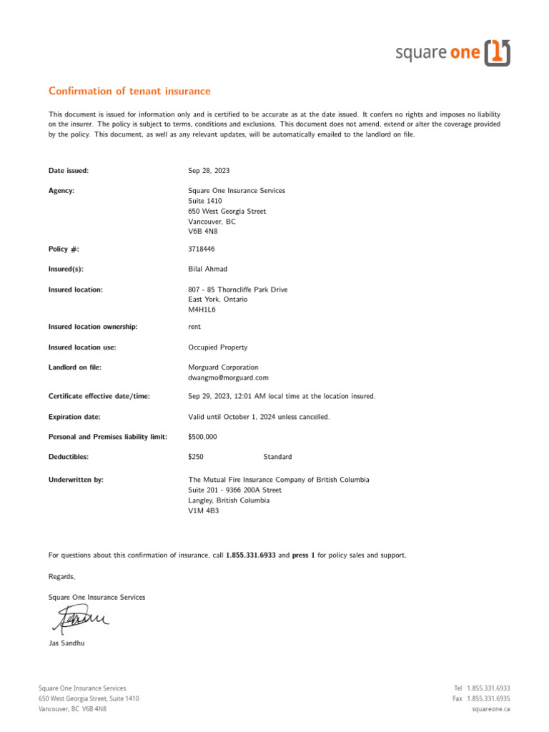 (Confirmation of Insurance (Tenant) ) Policy 3718446-V1 | PDF ...