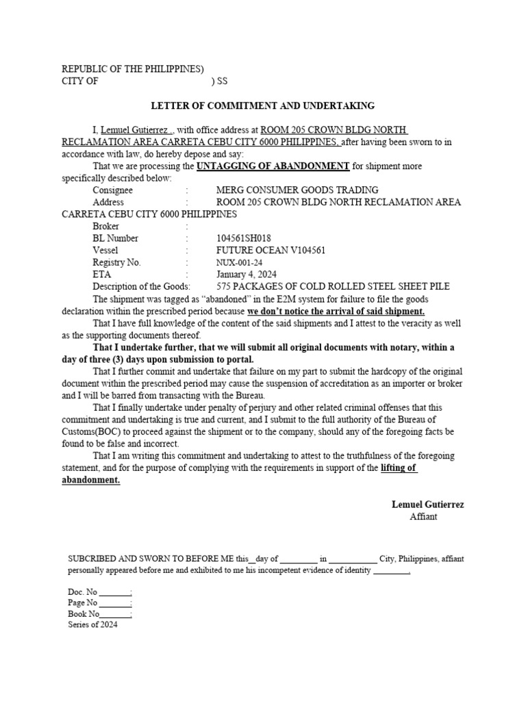 Letter of Commitment and Undertaking | PDF | Affidavit | Perjury