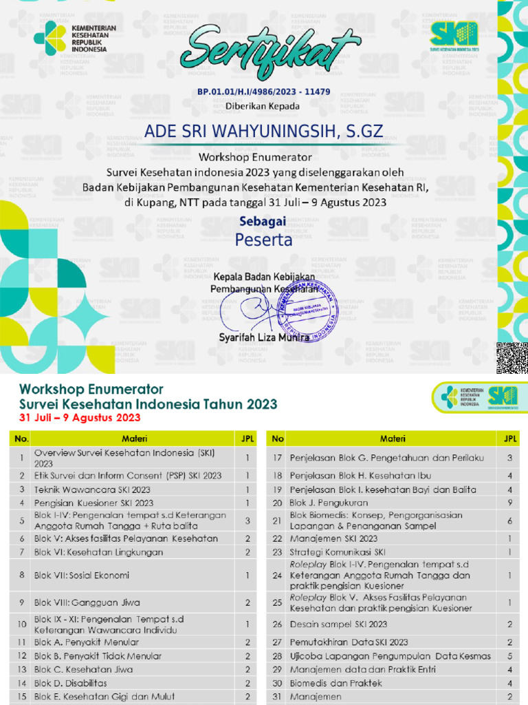 ADE SRI WAHYUNINGSIH, S.GZ Workshop Enumerator SKI 2023 NTT E-Sertifikat | PDF