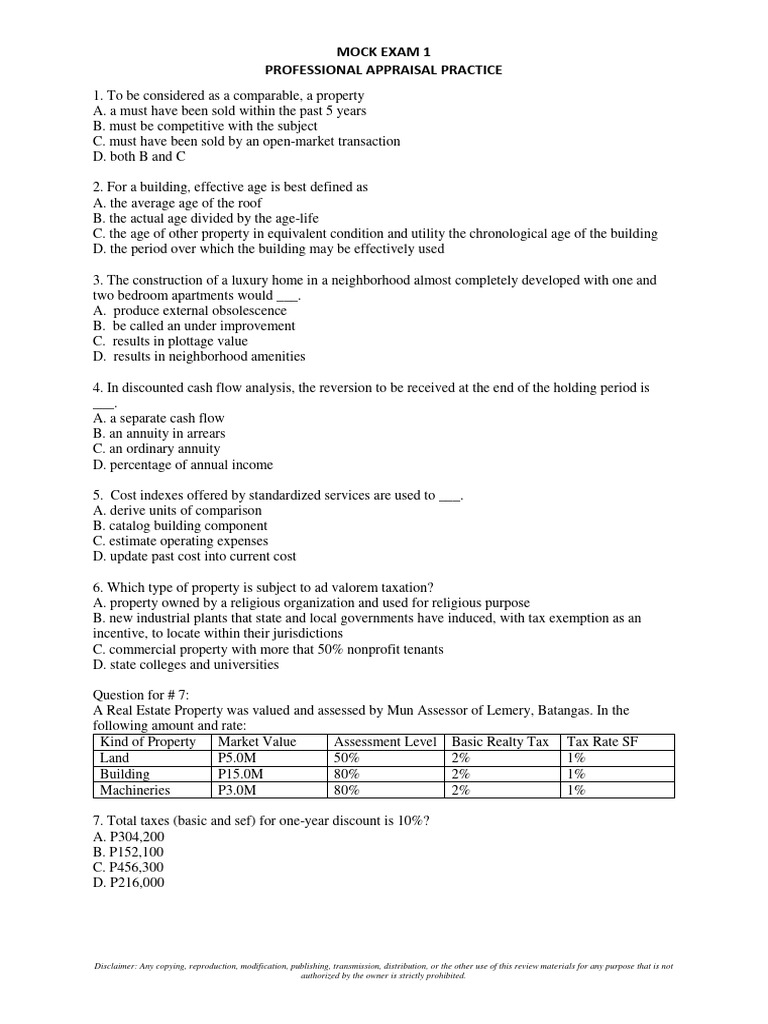 Mock Exam 1 Professional Appraisal Practice | PDF | Real Estate ...