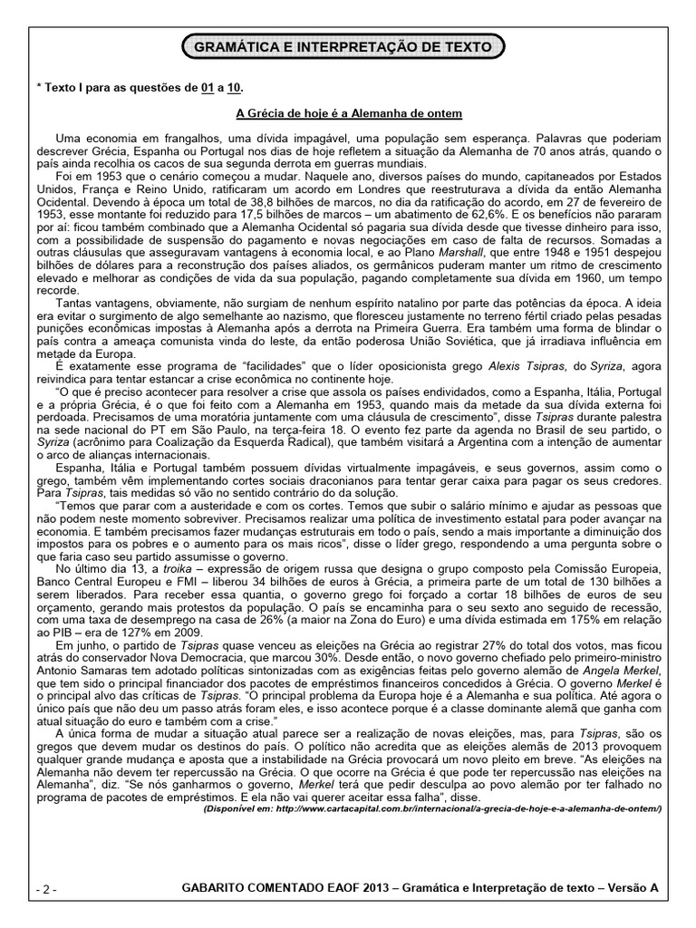 2013 GRAMÁTICA E INT DE TEXTO Comentada - Versão A | PDF | Alemanha | Política mundial
