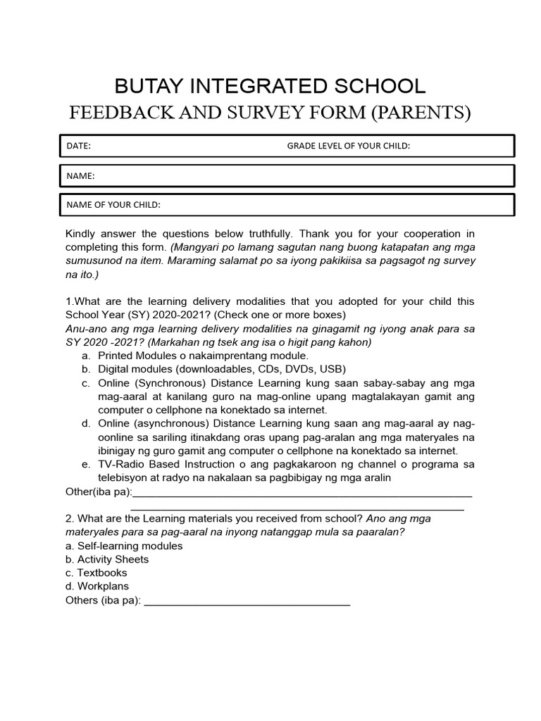 FEEDBACK AND SURVEY FORM (Parents) | PDF