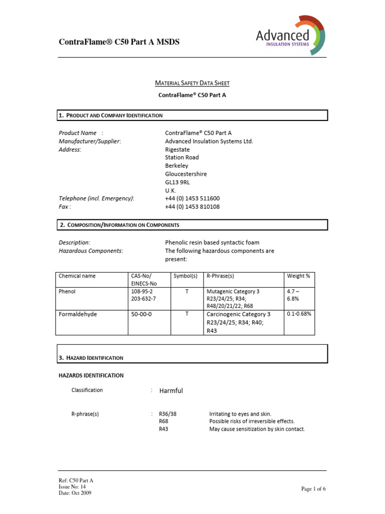 PROC-KKL-1409 - MSDS ContraFlame C50 Part A Issue 14 | PDF