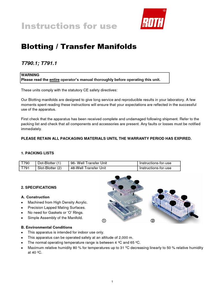 Instructions For Use: Blotting / Transfer Manifolds | PDF | Blot (Biology) | Western Blot