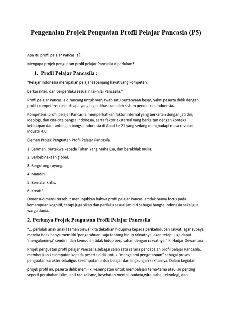 RESUME KKG Pengenalan Projek Penguatan Profil Pelajar Pancasia | PDF