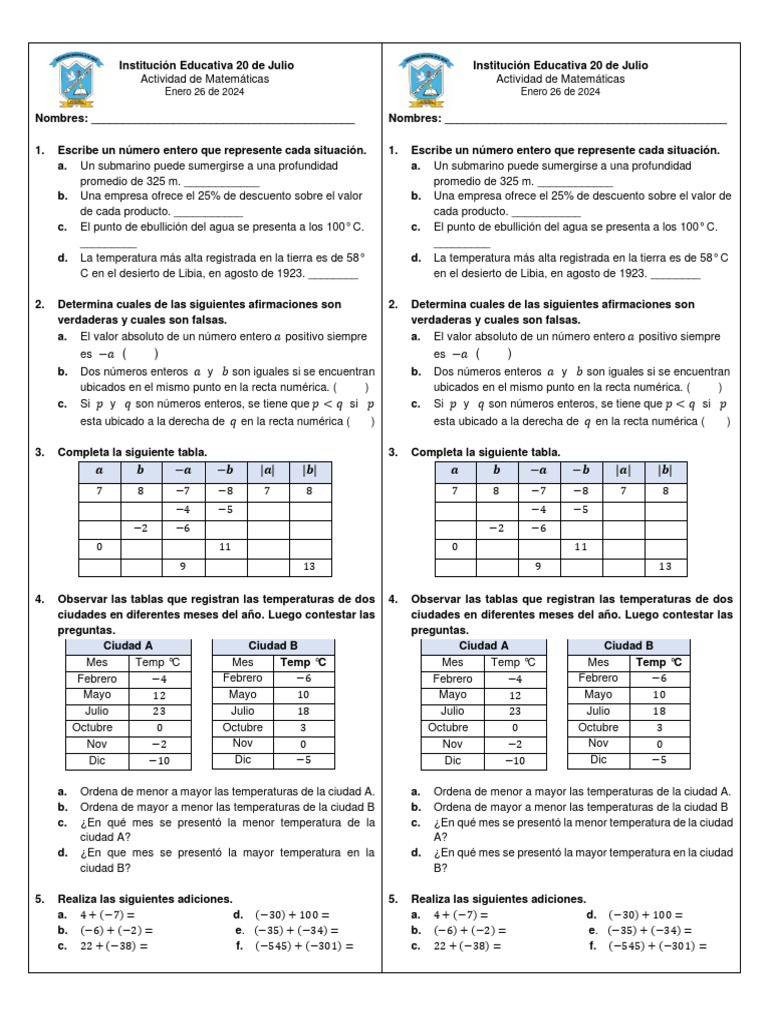 ACTIVIDAD 1 - Institución Educativa 20 de Julio | PDF | Entero ...