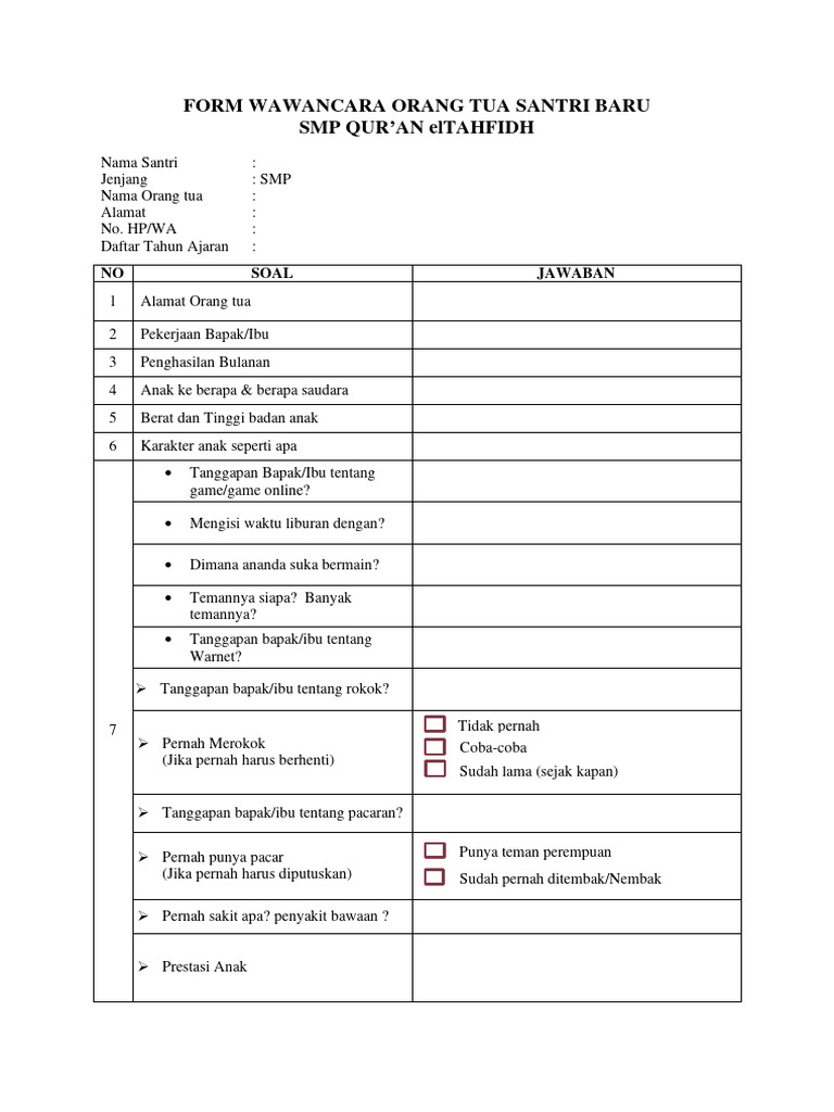 Form Wawancara Ortu SMP 2023-2024 Gel. 1 | PDF
