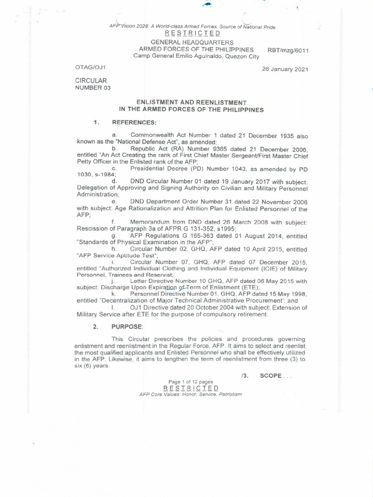 Cir 3 GHQ, Afp DTD 26 January 2021 Enlistment and Reenlistment in | PDF