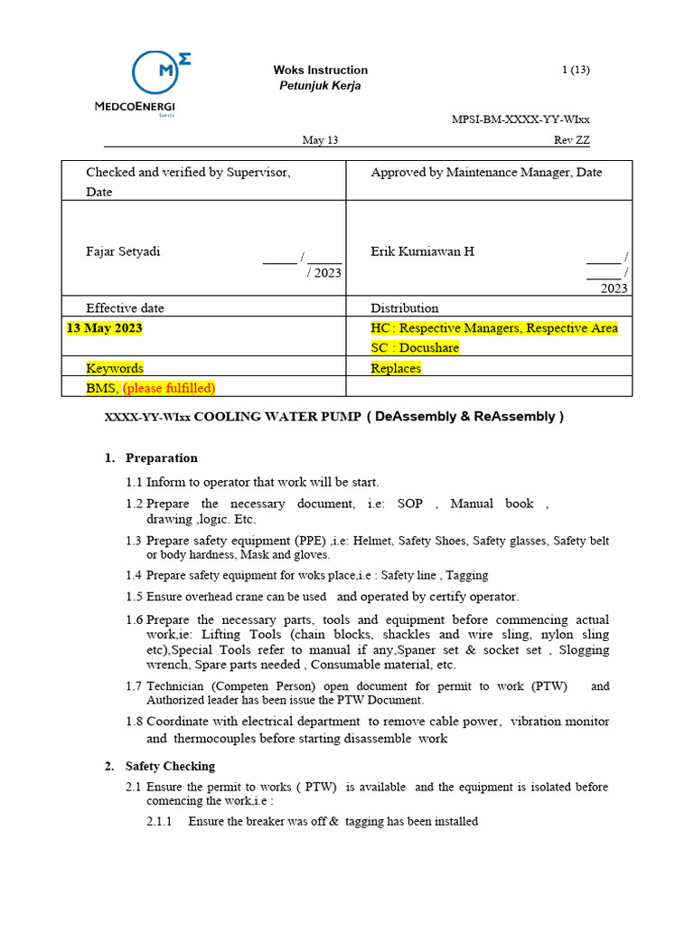 Cooling Water Pump Work Instructions | PDF | Pump | Manufactured Goods
