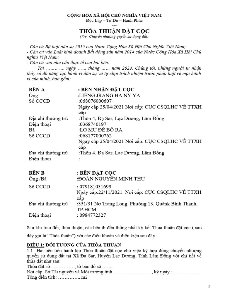 Thoa Thuan Dat Coc 2 Bên | PDF