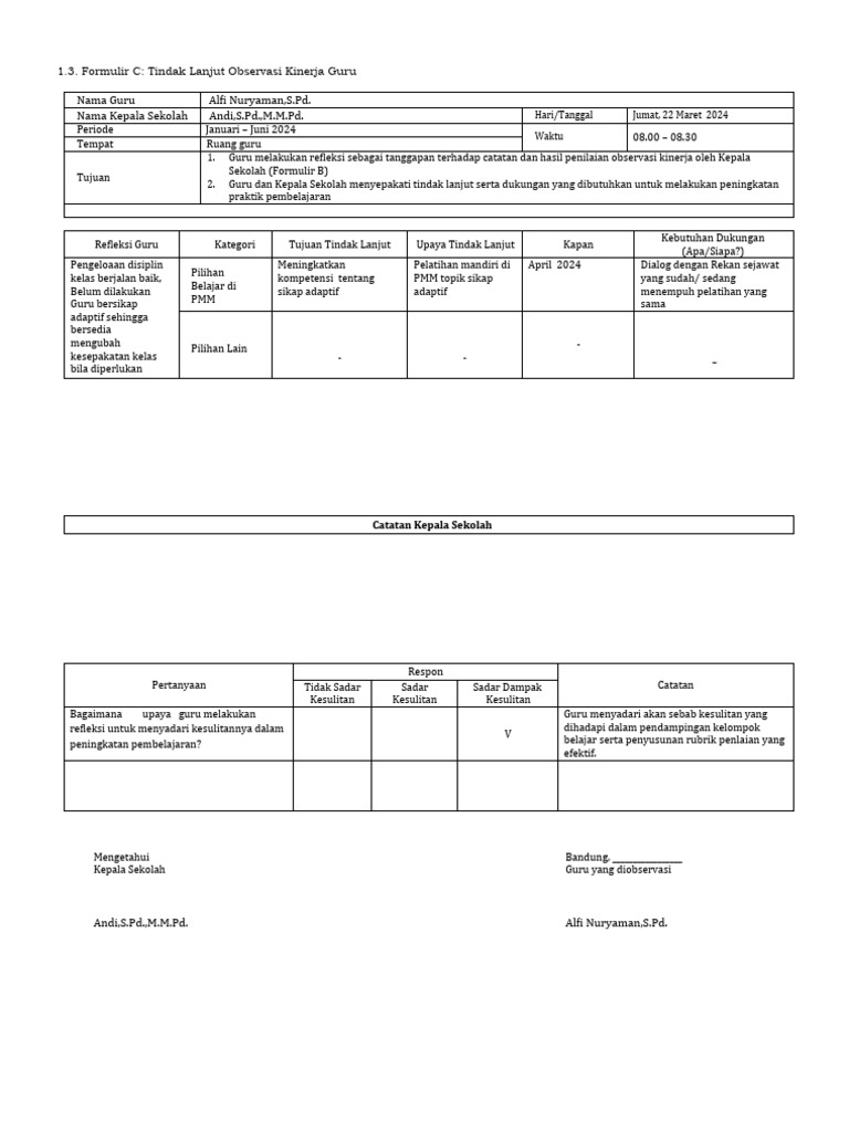 Formulir Tindak Lanjut Observasi Guru | PDF