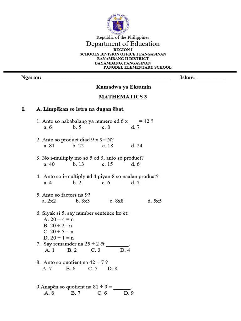 MATH 3 2nd Quarter Test Pangasinan FINAL | PDF