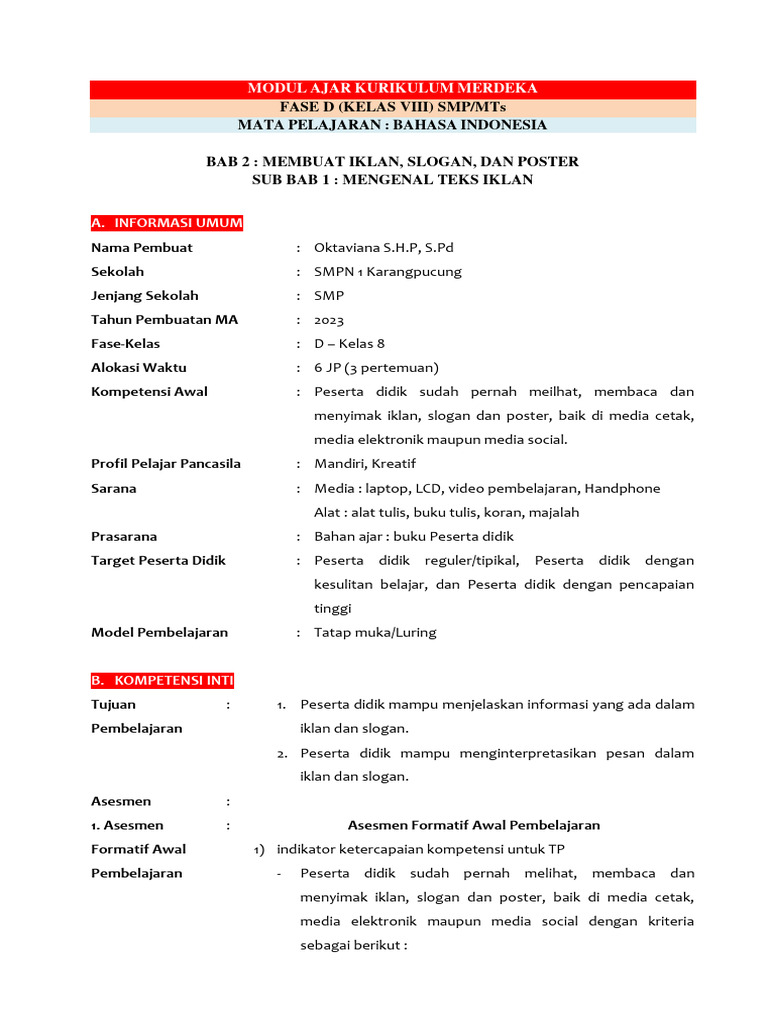 DK - Modul Ajar Kelas 8 Iklan, Slogan, Dan Poster - Diferensiasi | PDF
