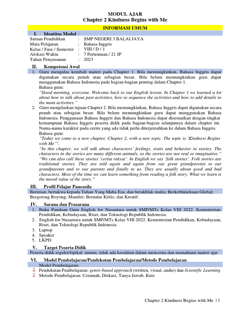 Modul Ajar Bahasa Inggris Fase D Kelas 8 Chapter 2 | PDF