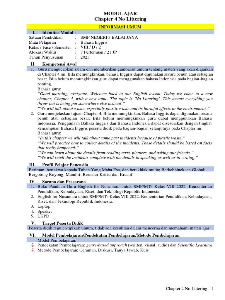 Modul Ajar Bahasa Inggris Fase D Kelas 8 Chapter 4 | PDF | Seni & Disiplin Bahasa