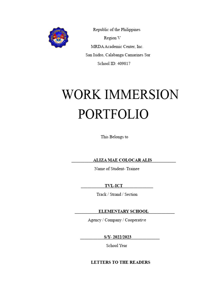 Work Immersion Portfolio Mae Colocar | PDF | Behavior Modification | Cognition