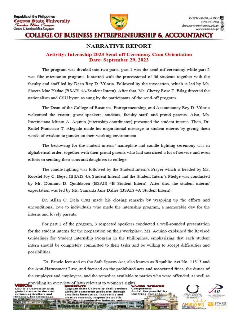 Narrative Report-Send Off Ceremony | PDF