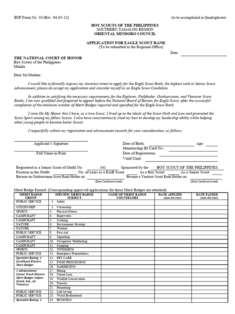 Eagle Scout Application Form BSP 10 | PDF | Youth Organizations | Youth ...