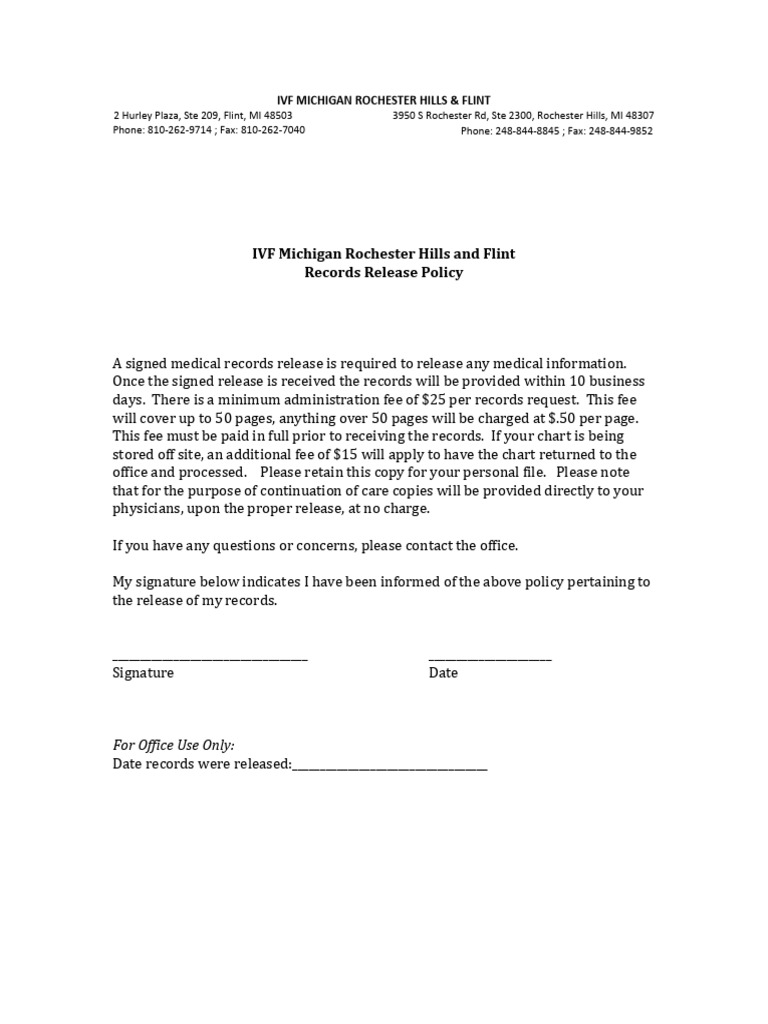 Release From IVF Forms | PDF | Medical Record | Confidentiality