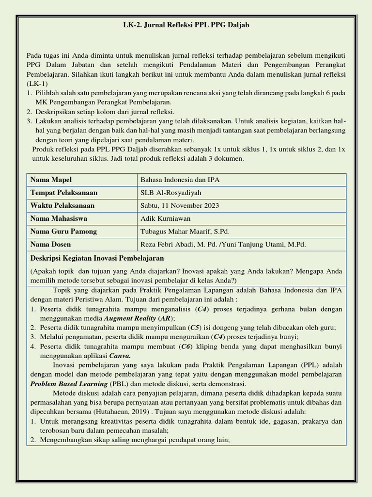 LK-2. Jurnal Refleksi PPL PPG Daljab | PDF