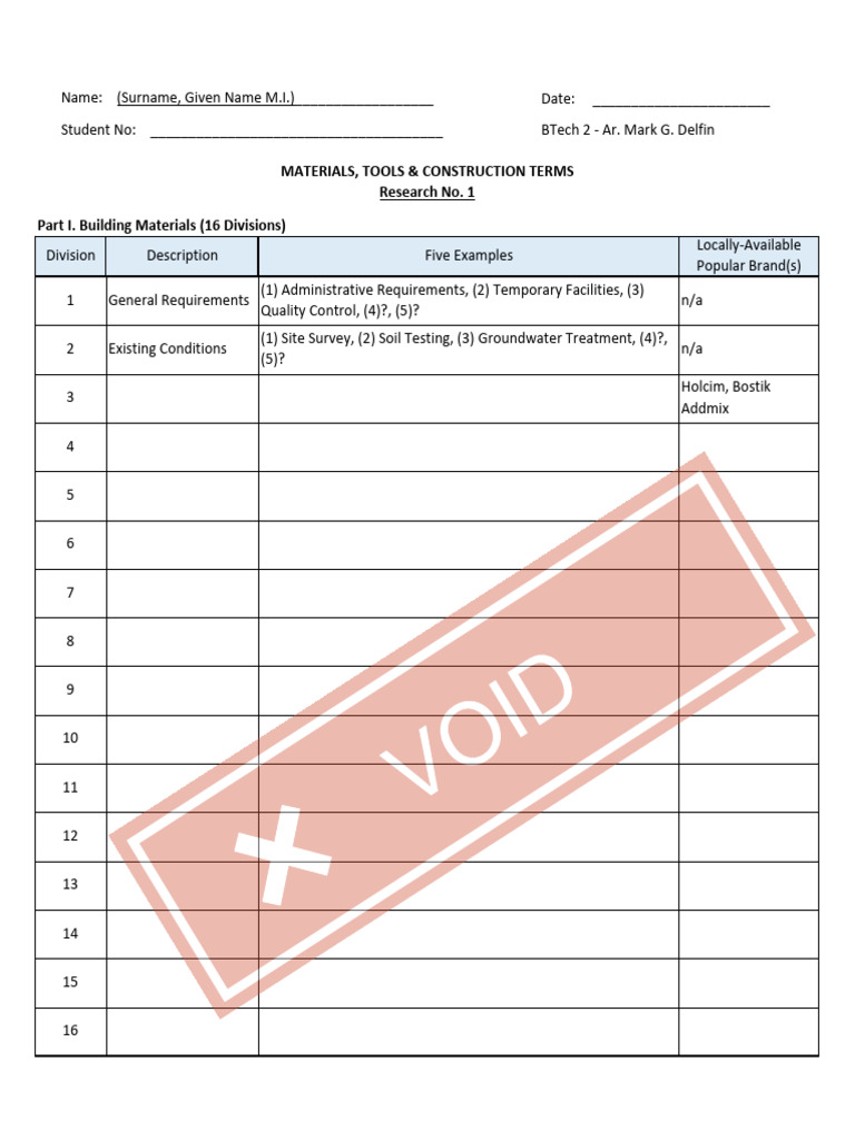 Research 1 Materials, Tools Construction Terms - Sample | PDF