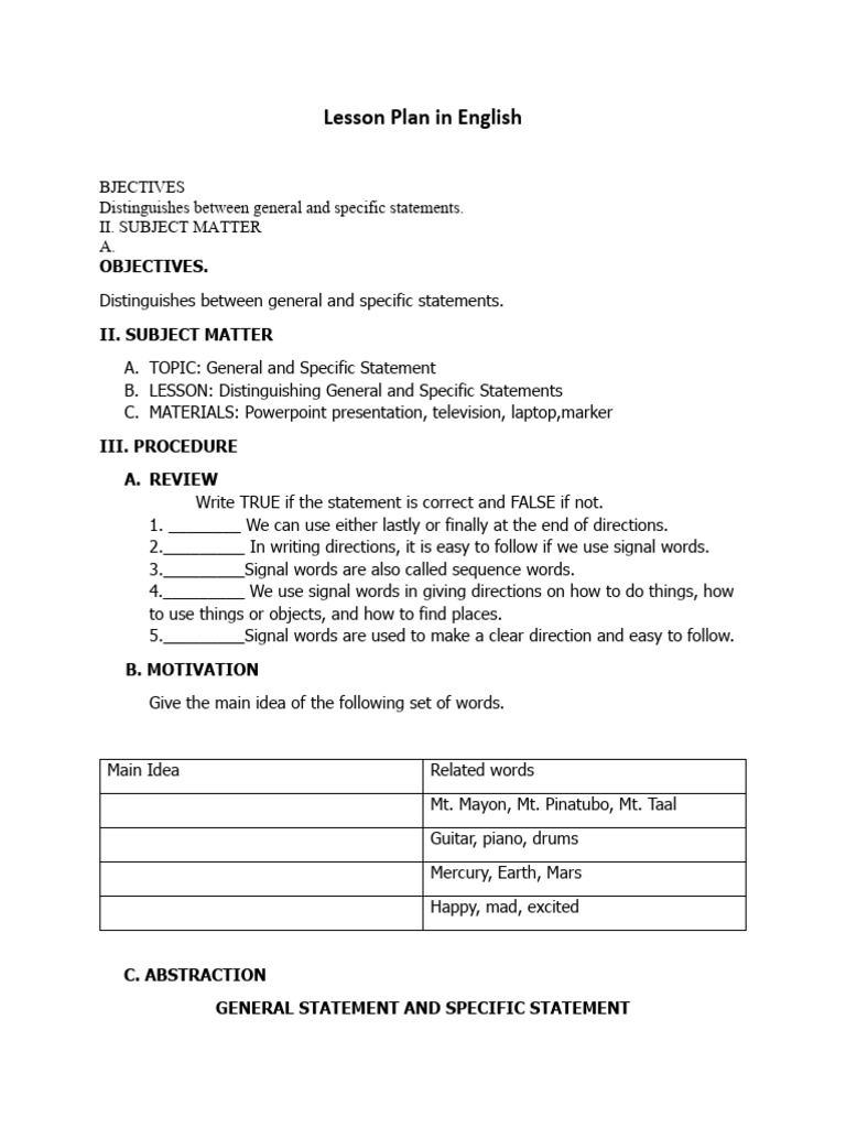 Lesson Plan in English GENERAL AND SPECIFIC STATEMENT. | PDF | Planets ...