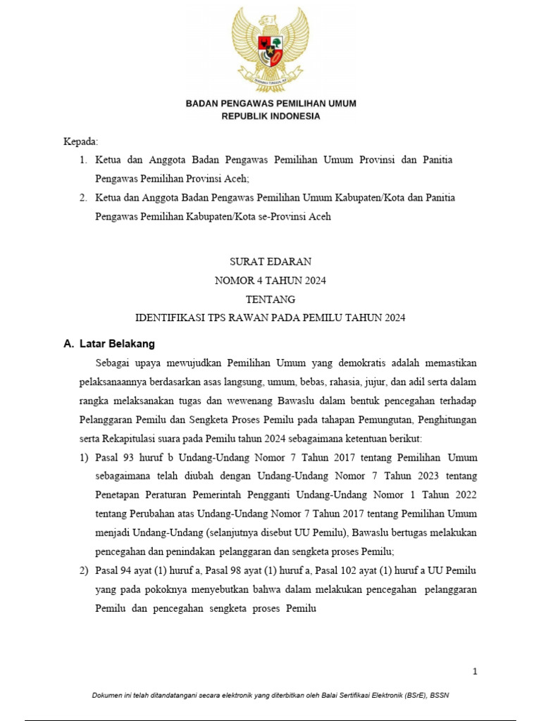 Se 6 2024 Identifikasi TPS Rawan Pemilu 2024 | PDF Se 6 2024 Identifikasi TPS Rawan Pemilu 2024 | PDF