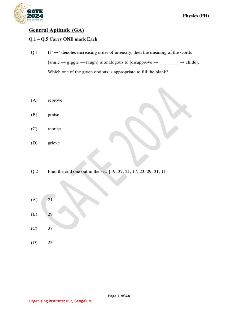 GATE Physics 2024 Question Paper | PDF | Electron | Waves