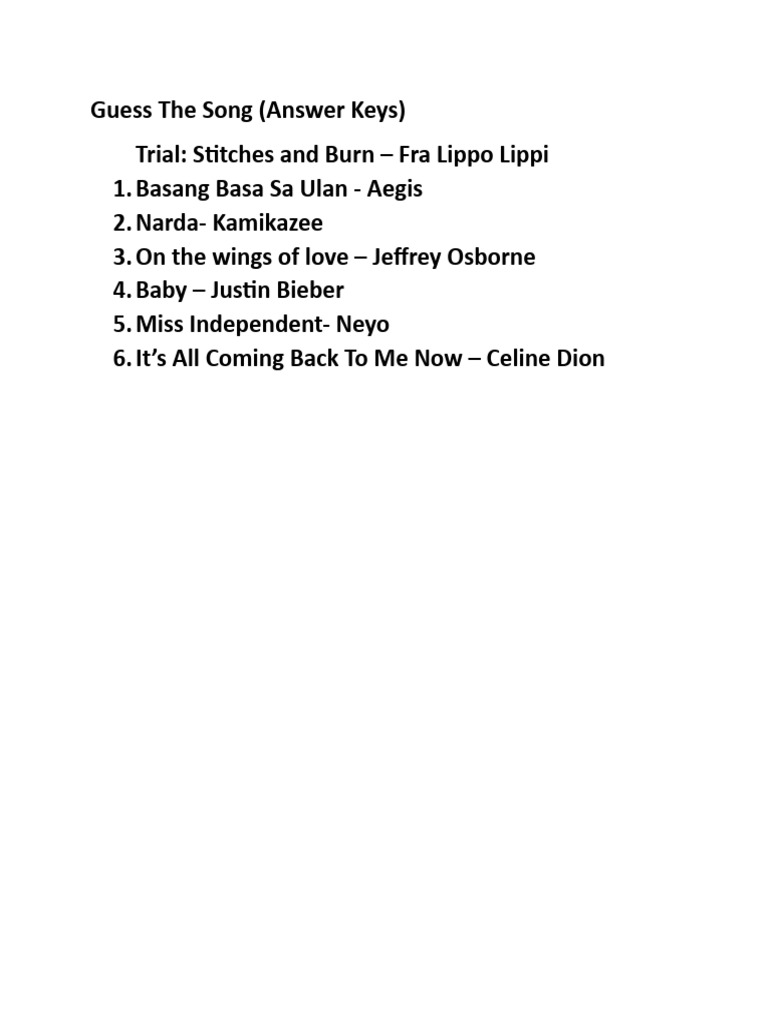 Guess The Song (Answer Keys) Game 1 | PDF
