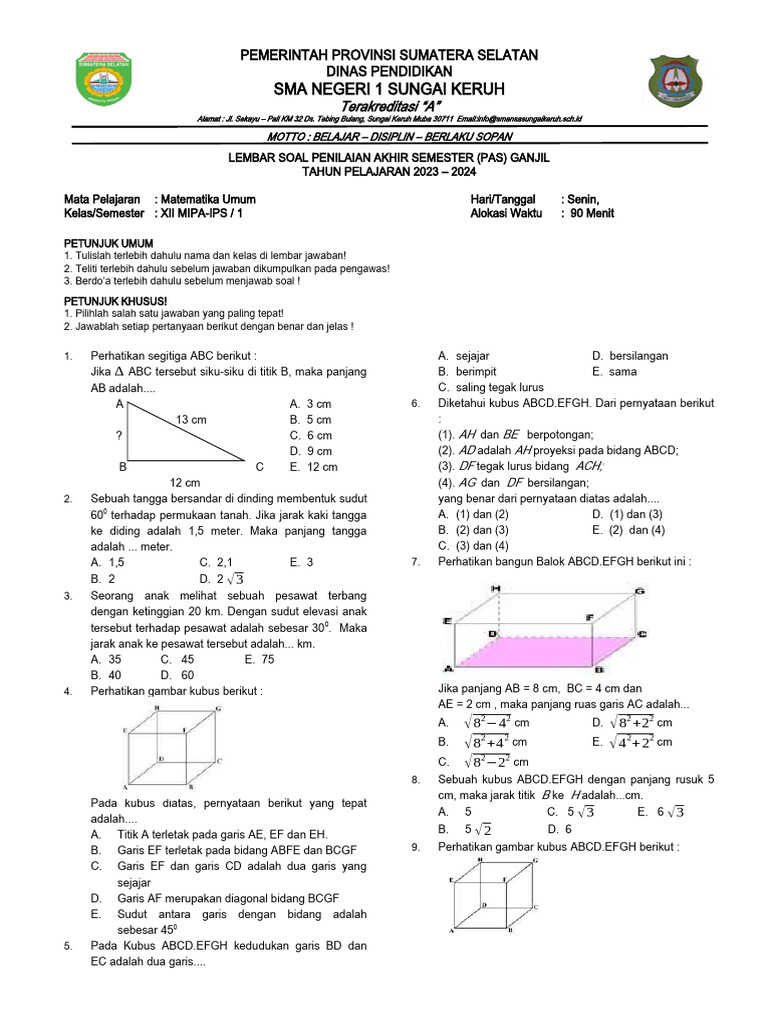 Soal Pas PG MTK Umum Kls Xii Ganjil 2023-2024 | PDF