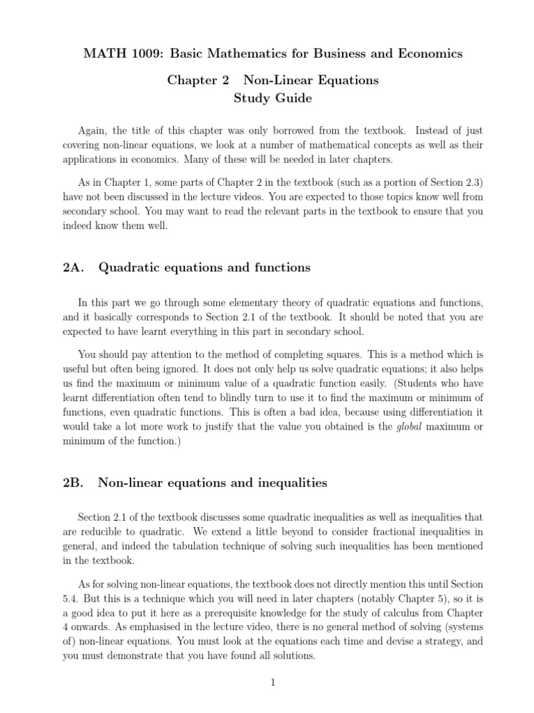 MATH 1009: Basic Mathematics For Business and Economics Non-Linear ...