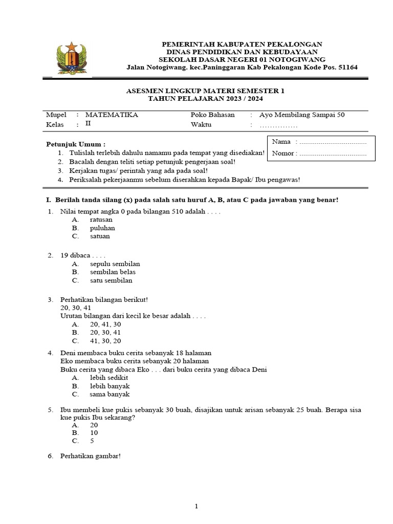 Asesmen MTK KLS 2 | PDF