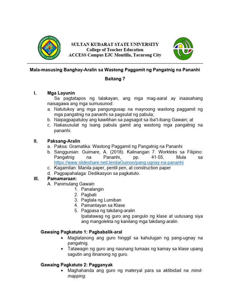 Banghay Aralin G10 Q3 Pangatnig Na Pananhi 3 | PDF