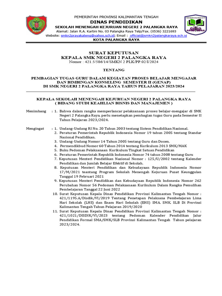 SK Pembagian Tugas Mengajar Guru Sem. II (Genap) - SMKN 2 PLK - 2024 | PDF