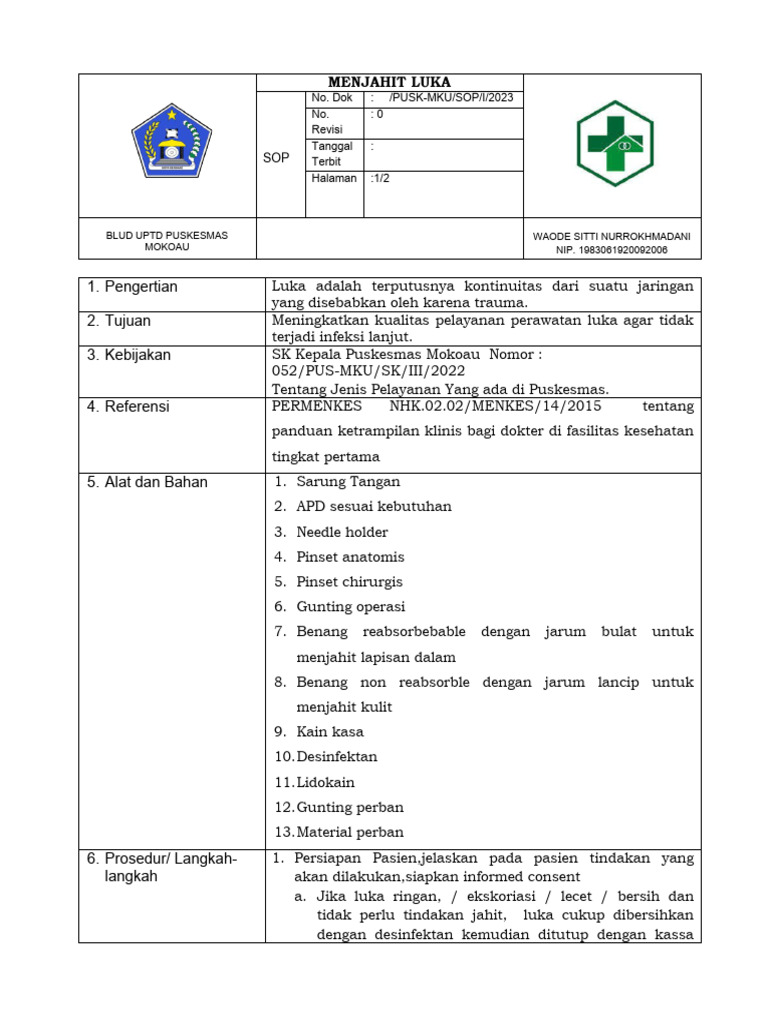 DRAF SOP Menjahit Luka 2023 | PDF | Sains & Matematika