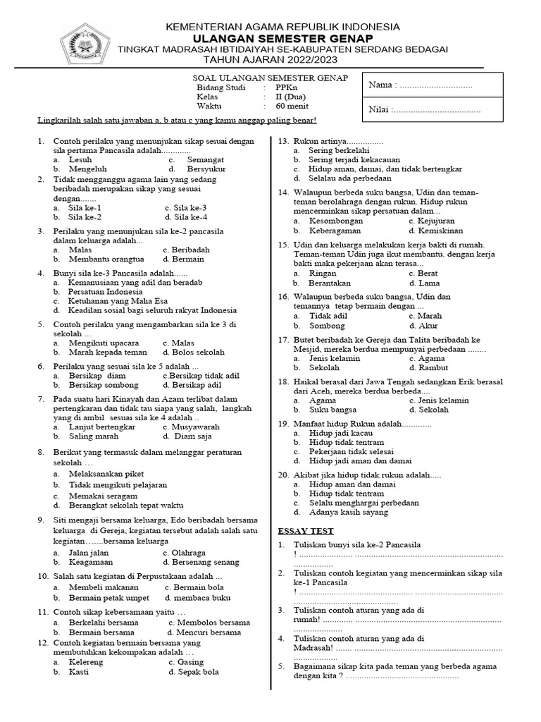 Soal PPKN Kelas 2 SD 2023 | PDF