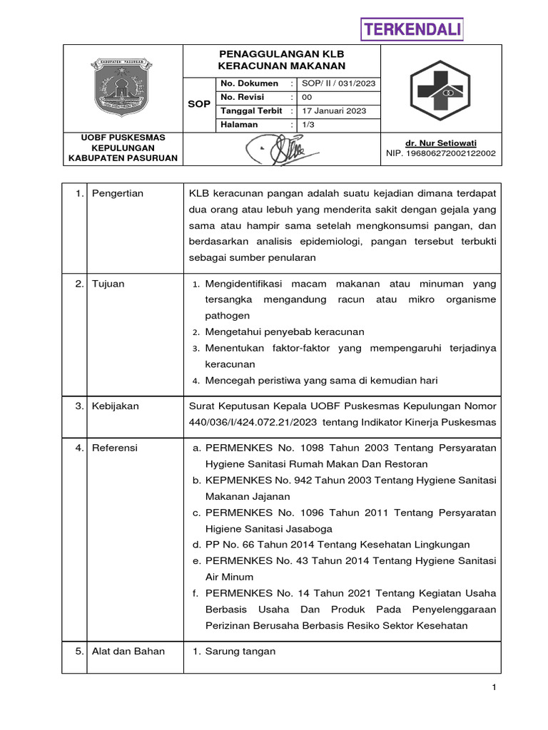 SOP PENAGGULANGAN KLB KERACUNAN MAKANAN Edit | PDF SOP PENAGGULANGAN KLB KERACUNAN MAKANAN Edit | PDF